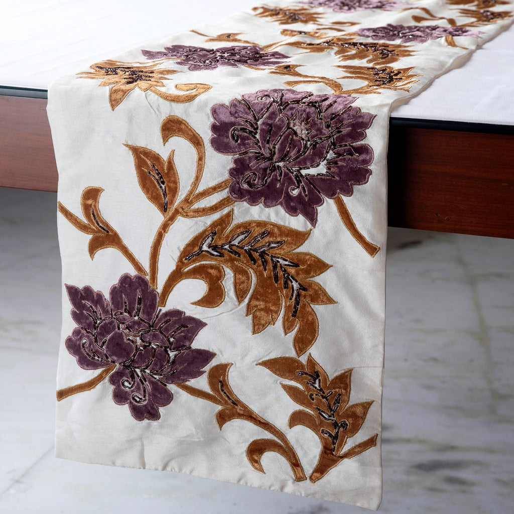 Silk Dupioni Ivory, Gold, Purple Decorative Table Runners, Brown Floral ...