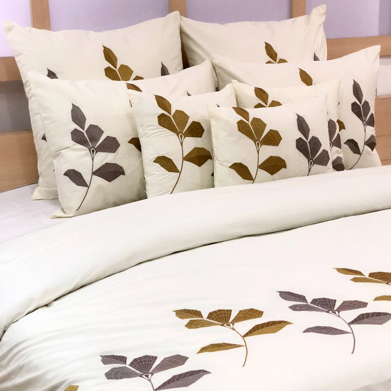 Ivory, Grey Cotton Duvet Cover Set - Abstract Floral Embroidery – The ...