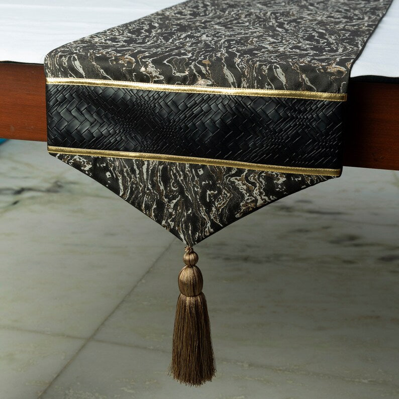 Black Faux Leather & Jacquard Decorative Table Runner, Leather Runway ...